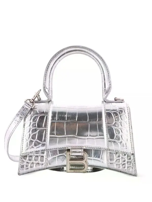 Balenciaga Hourglass Top Handle Bag Crocodile Embossed Leather Xs - Metallic
