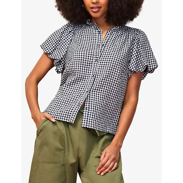 RO&ZO Gingham-print Puff-sleeved Woven Shirt