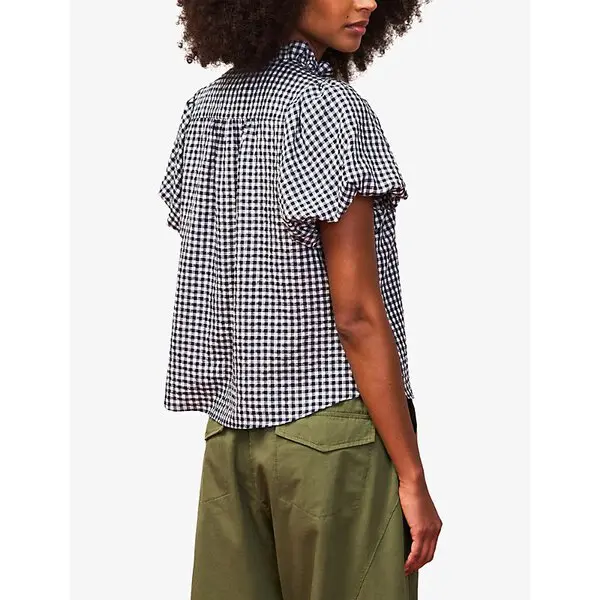 RO&ZO Gingham-print Puff-sleeved Woven Shirt