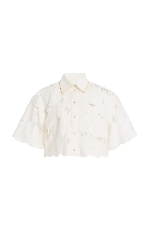 Zimmermann Mahon Embroidered Cotton Cropped Shirt - Ivory