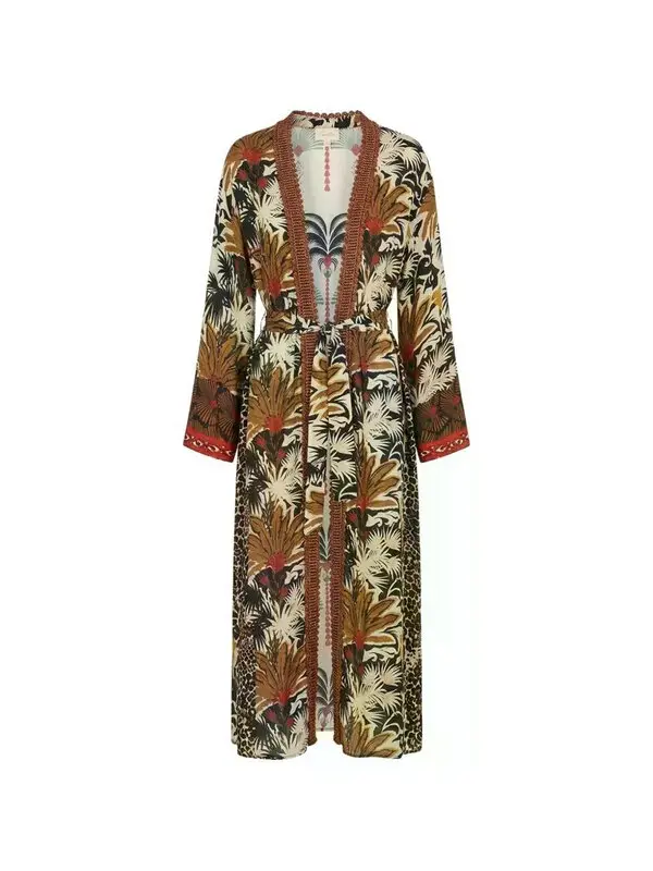 Anjuna Palm-print Leopard-panel Robe - Neutrals