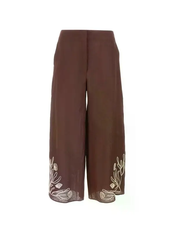 Marella Embroidered Wide Leg Linen Trousers - Brown