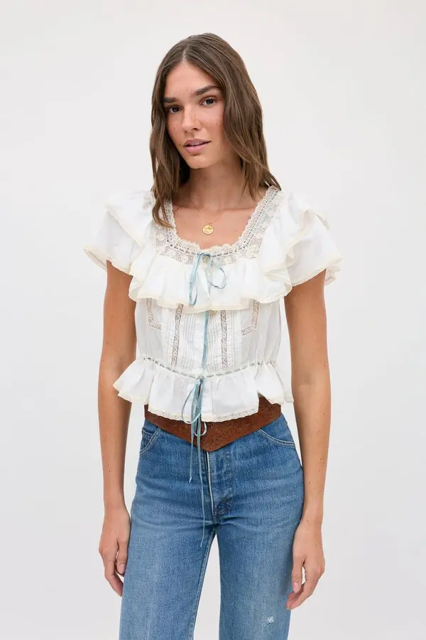 Rixo Melisa Ruffle Lace Trimmed Blouse - White
