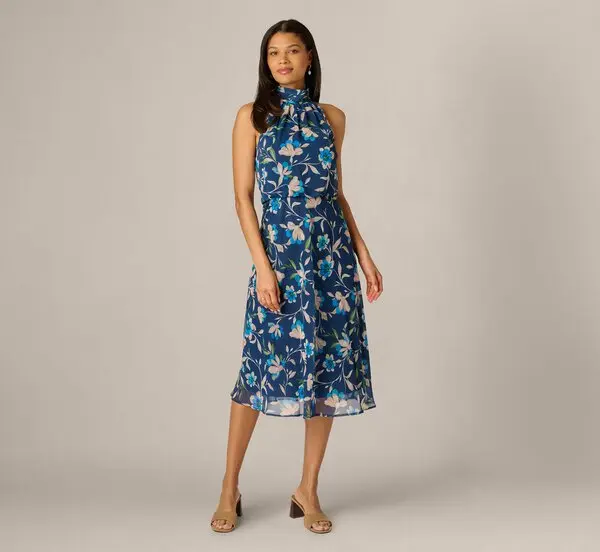 Adrianna Papell Floral Crinkle Chiffon Halter Midi Dress - Navy Multi