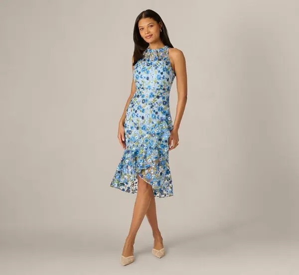 Adrianna Papell Floral Embroidered Halterneck Flounce Dress - Blue Multi