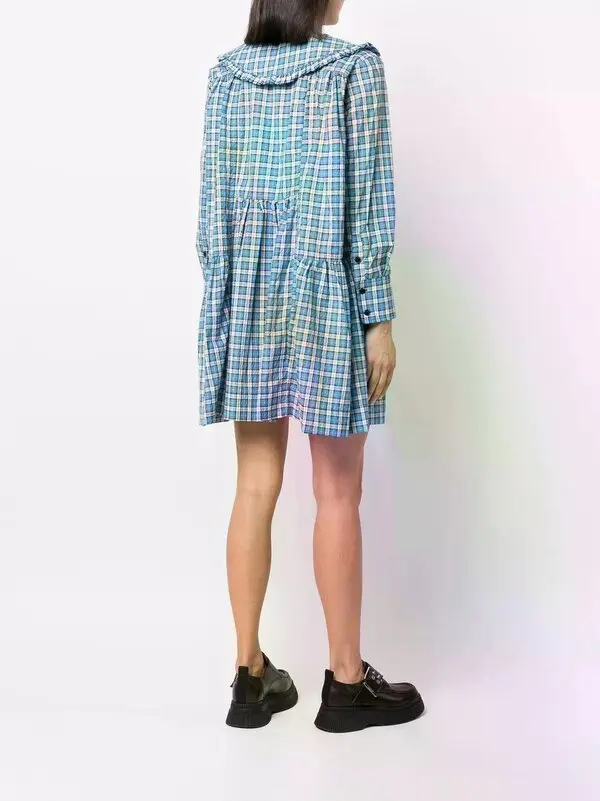 GANNI Seersucker Check-print Gathered Dress