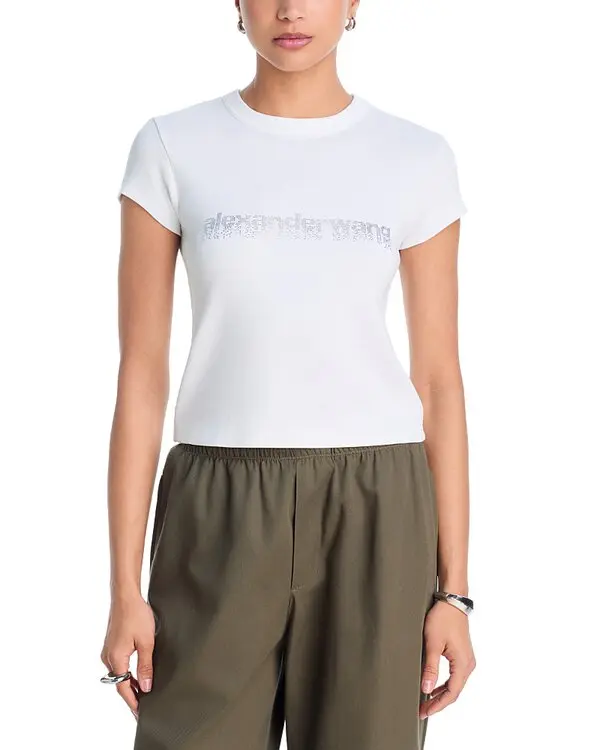 Alexander Wang Ribbed Knit Rhinestone Logo Crewneck Tee - White