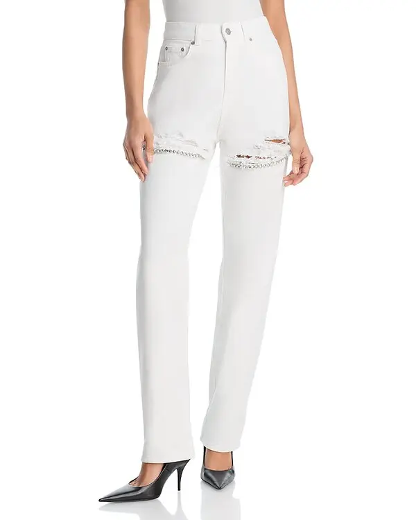AREA Crystal Fray Slit Jeans - White