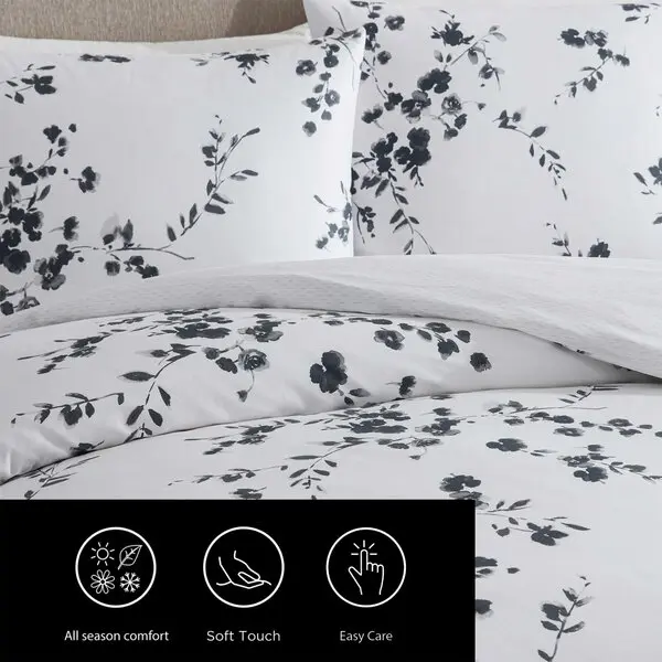 Vera Wang Noir Bouquet Cotton 3 Piece Comforter Set, Queen