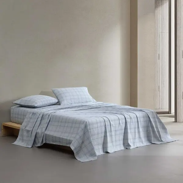 Calvin Klein Multi Grid Washed Cotton Percale 4 Piece Sheet Set, Queen