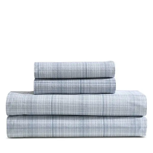 Calvin Klein Multi Grid Washed Cotton Percale 4 Piece Sheet Set, King - Blue