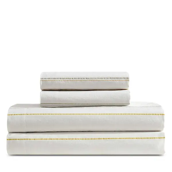 Calvin Klein Pinstripes Washed Cotton Percale 4 Piece Sheet Set, King - Citron