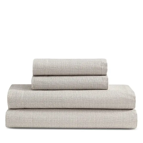 Calvin Klein Broken Grid Washed Cotton Percale 4 Piece Sheet Set, Queen - Flax/graphite