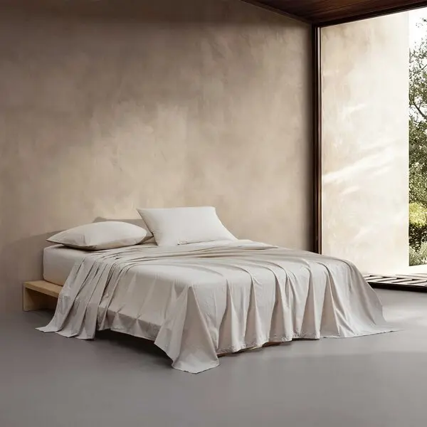 Calvin Klein Broken Grid Washed Cotton Percale 4 Piece Sheet Set, Queen - Flax/graphite