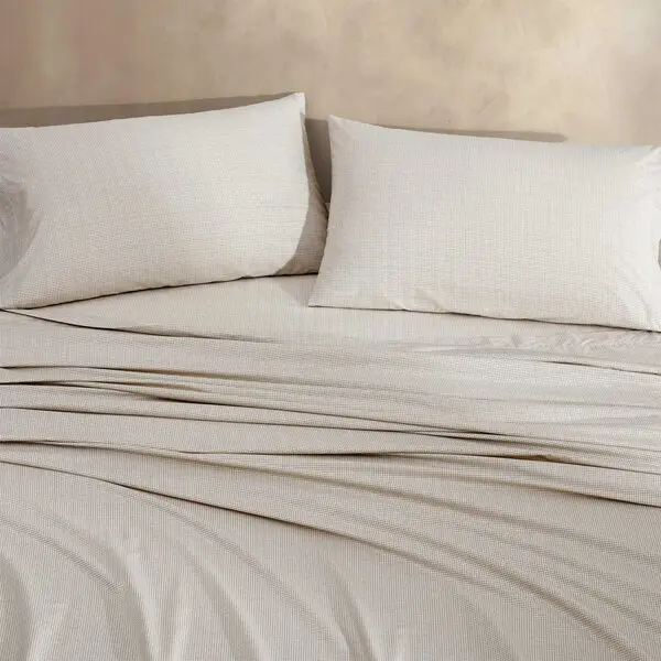 Calvin Klein Broken Grid Washed Cotton Percale 4 Piece Sheet Set, Queen - Flax/graphite