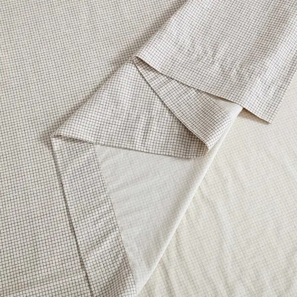 Calvin Klein Broken Grid Washed Cotton Percale 4 Piece Sheet Set, Queen - Flax/graphite