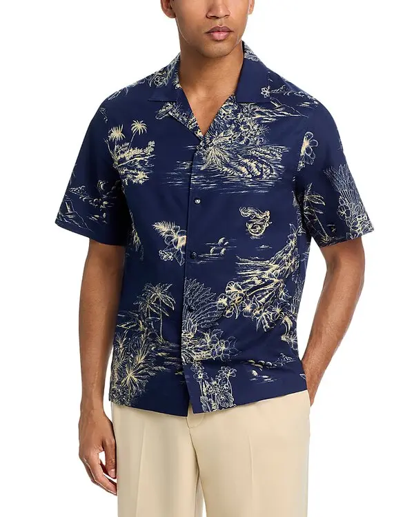 Moncler Floral Print Short Sleeve Cotton Shirt - Dark Blue