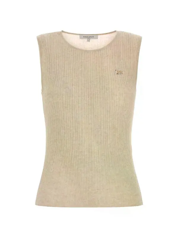 Maison Kitsuné Ribbed Knit Top With Fox Patch - Neutrals