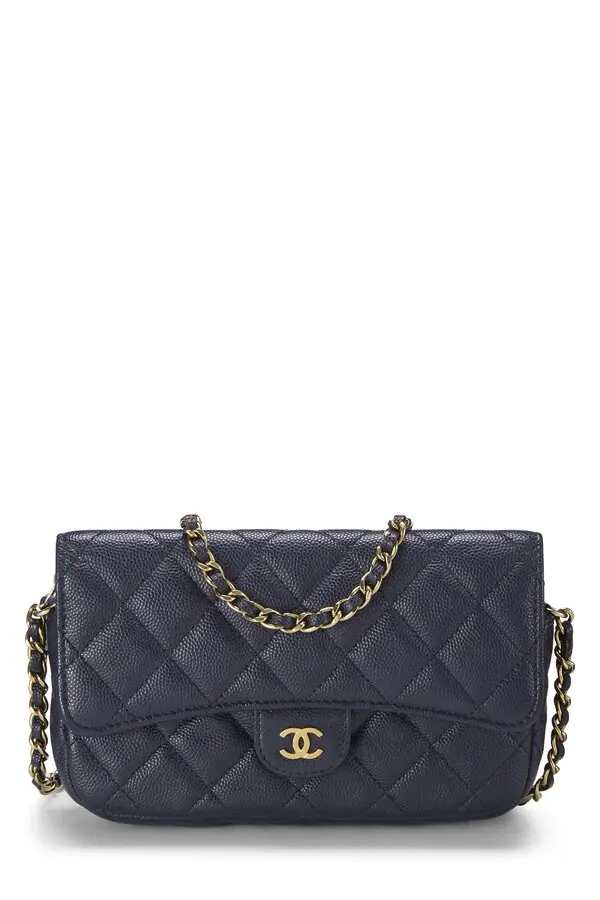 Chanel Caviar Flap Phone Holder On Chain - Navy