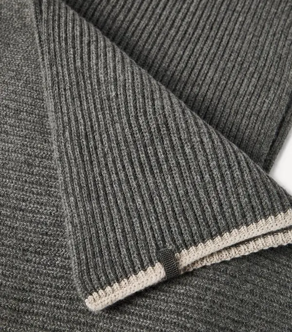 Brunello Cucinelli Cashmere Ribbed Monili-detail Scarf - Grey