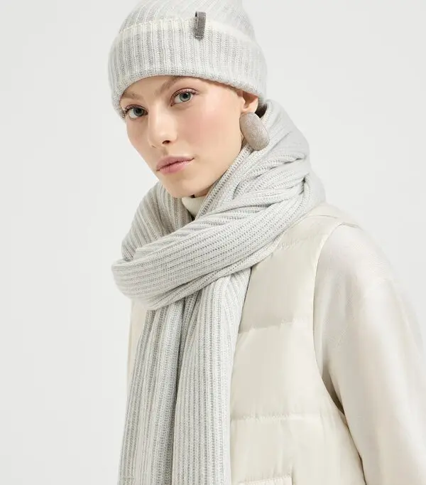 Brunello Cucinelli Cashmere Ribbed Monili-detail Scarf - White