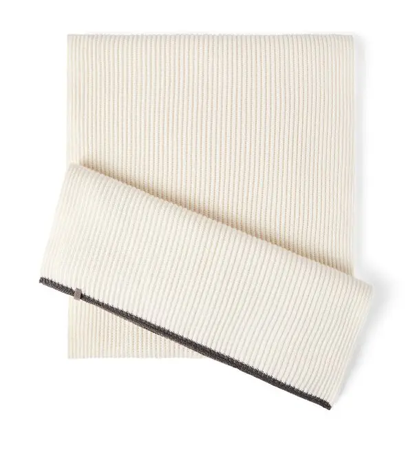 Brunello Cucinelli Cashmere Ribbed Monili-detail Scarf - White
