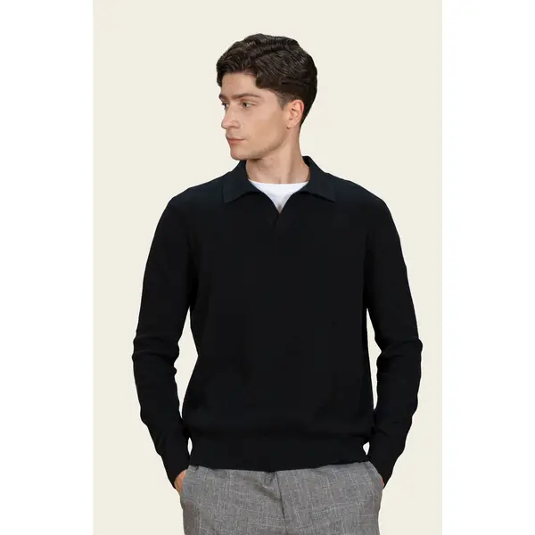 ITALIC Olivier Birdseye Cashmere Long Sleeve Polo - Black