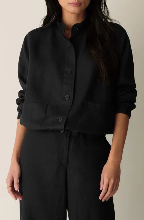 Eileen Fisher Stand Collar Organic Linen Jacket - Black