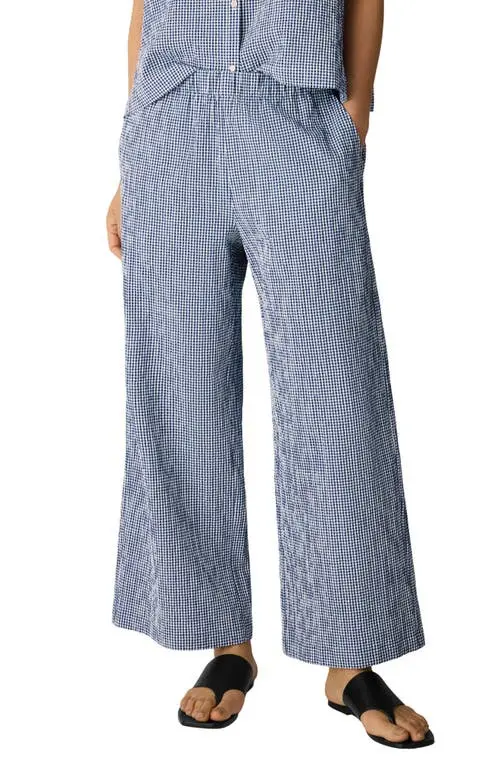 Eileen Fisher Check Print Wide Leg Ankle Pants - Light Dive