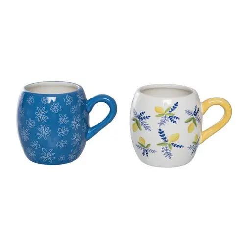TRANSPAC Ceramic Citrus Mug Set Of 2 Multicolored For Spring Serving And Entertaining - Blue