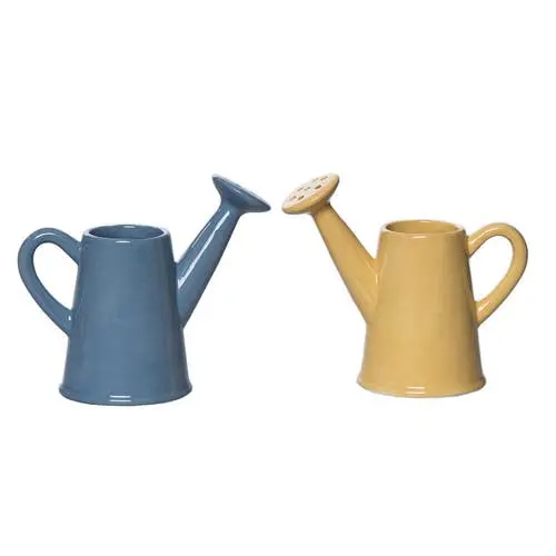TRANSPAC Dolomite Watering Can Vase Set Of 2 And Yellow For Spring Garden Decor - Blue