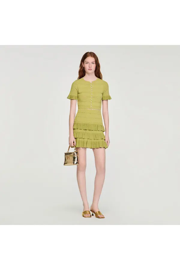 Sandro Cropped Ruffled-sleeve Knit Top