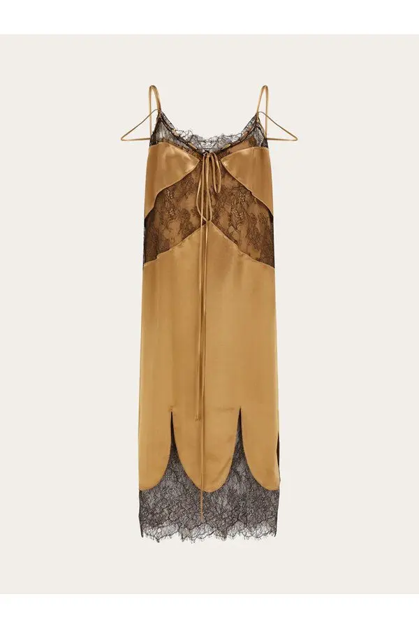 FERRAGAMO Satin And Lace Slip Dress - Brown