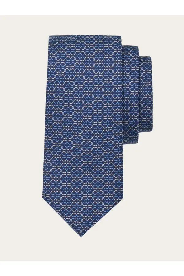 FERRAGAMO Gancini Print Silk Neck Tie - Blue