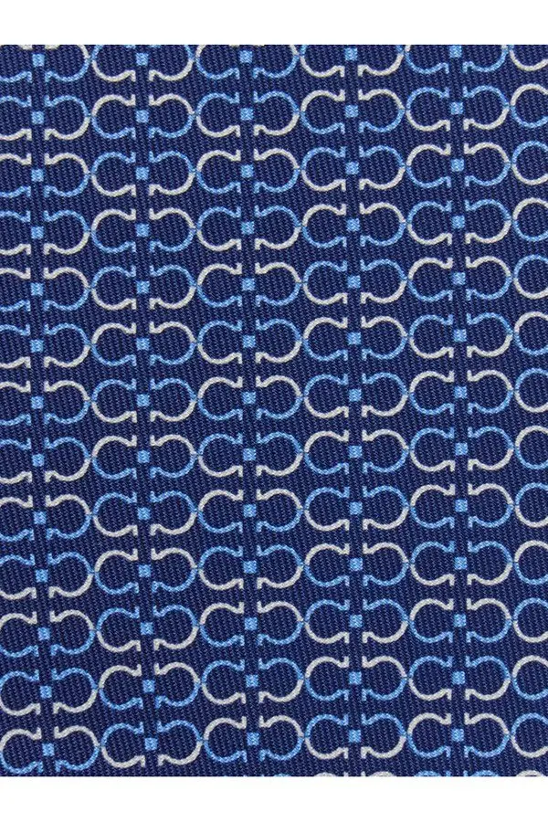 FERRAGAMO Gancini Print Silk Neck Tie - Blue