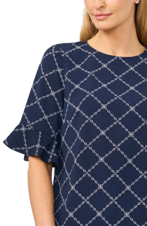 CECE DUPRAZ Printed Ruffle-cuff Top - Classic Navy