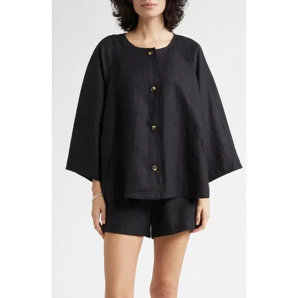 Posse Olivia Flare Linen Button-up Top - Black