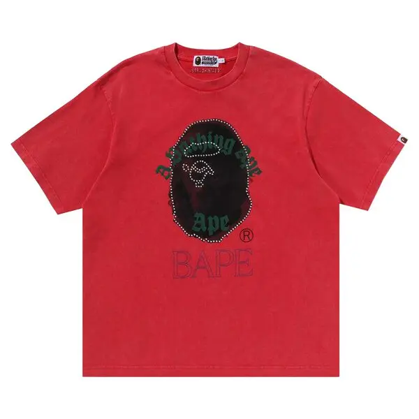 A BATHING APE Garment Dye Rhinestone Ape Head Relaxed Fit Tee - Red
