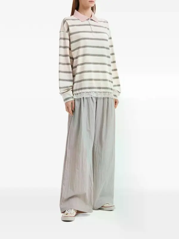 TOUT A COUP Striped Lace-trim Polo Top - Neutrals