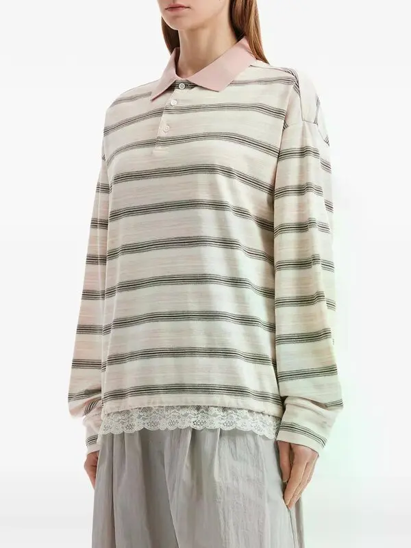 TOUT A COUP Striped Lace-trim Polo Top - Neutrals