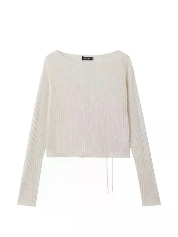 TOUT A COUP Ribbed Boat Neck Long Sleeve Sweater With Drawstring Hem - Neutrals