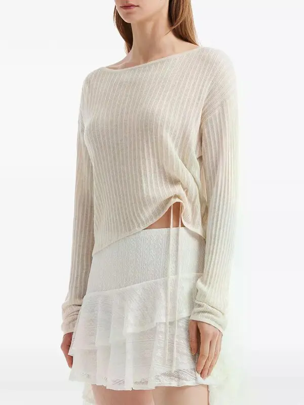 TOUT A COUP Ribbed Boat Neck Long Sleeve Sweater With Drawstring Hem - Neutrals