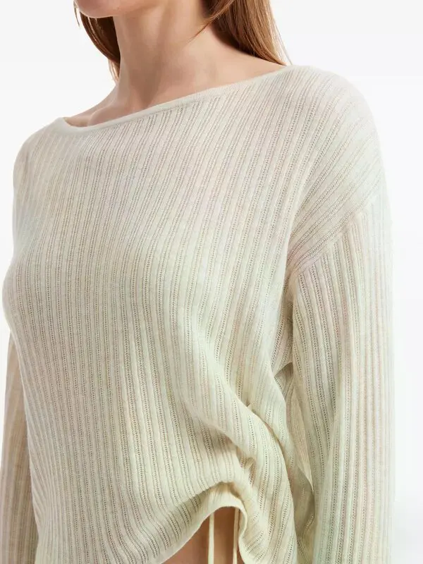 TOUT A COUP Ribbed Boat Neck Long Sleeve Sweater With Drawstring Hem - Neutrals