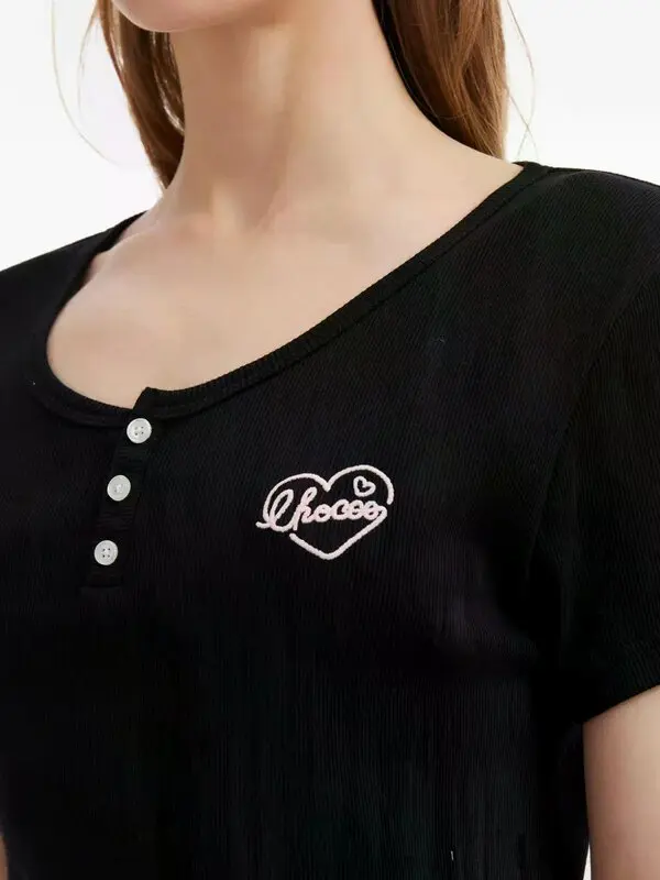 CHOCOOLATE Ribbed Button-embellished T-shirt - Black
