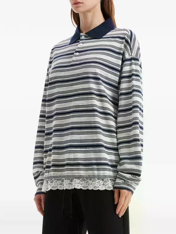 TOUT A COUP Striped Long-sleeve Polo Top - White