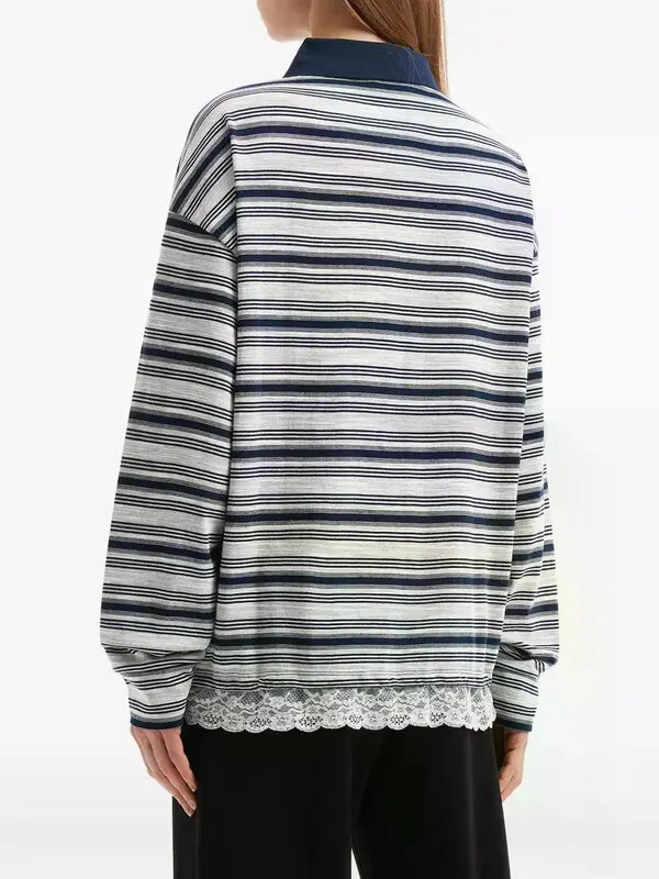 TOUT A COUP Striped Long-sleeve Polo Top - White