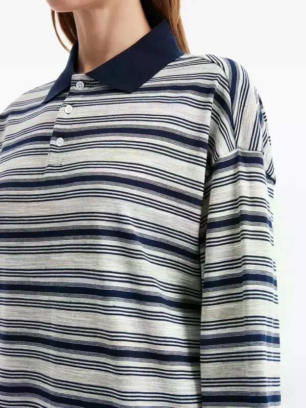 TOUT A COUP Striped Long-sleeve Polo Top - White