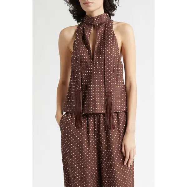 Posse Phoebe Polka Dot Keyhole Halter Neck Top - Choc Vanilla