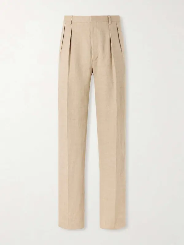 Ralph Lauren Purple Label Straight-leg Pleated Linen, Cotton, And Silk-blend Suit Trousers - Beige