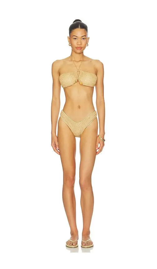 Oseree Lumiere Stones Bandeau Bikini Set In Metallic - Gold